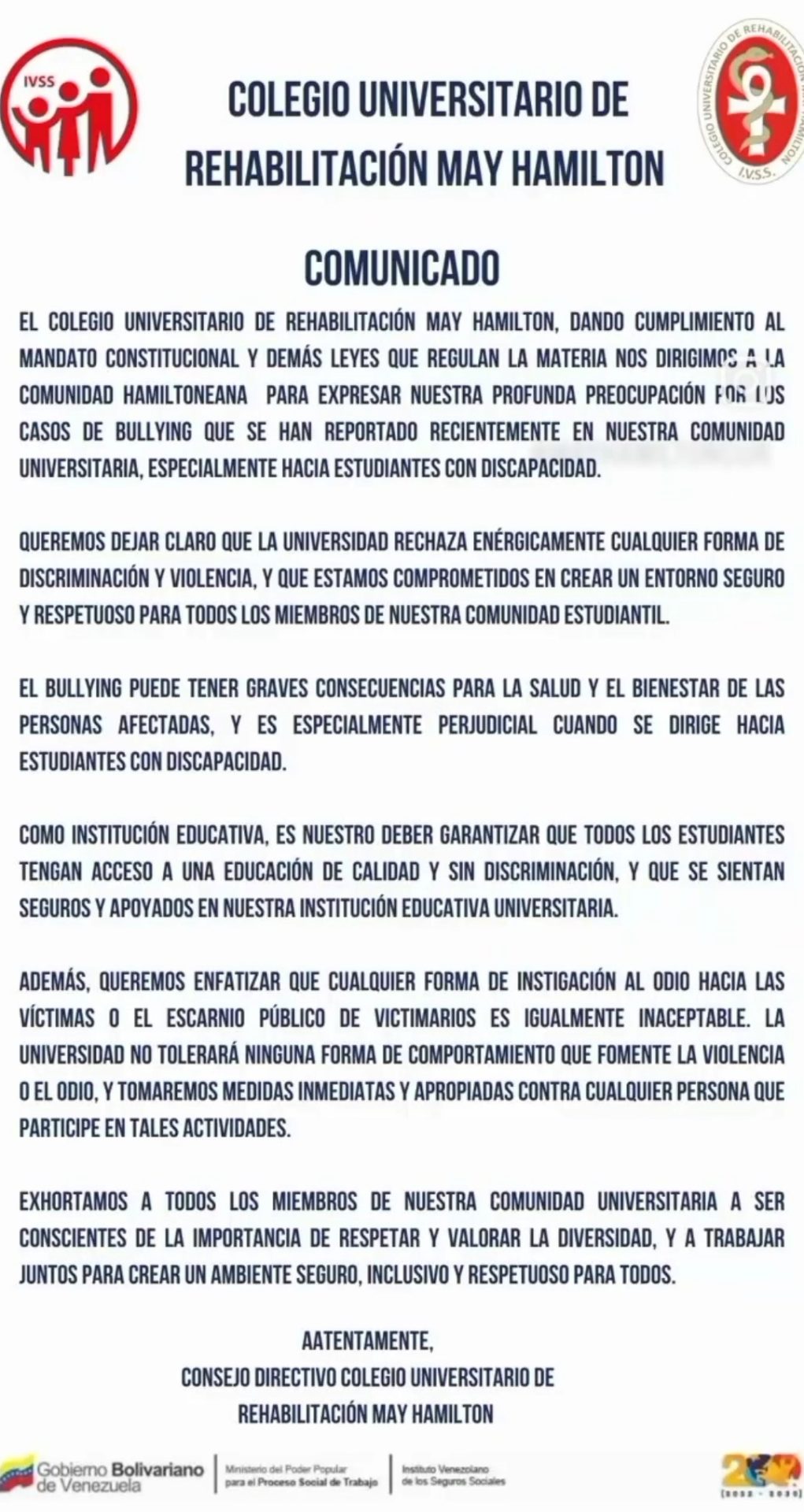 (VENEZUELA) UNIVERSIDAD MAY HAMILTON EMITE COMUNICADO - Venezolana de ...